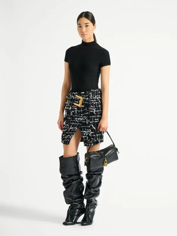 Balmain Belted Fringed Tweed Mini Skirt
