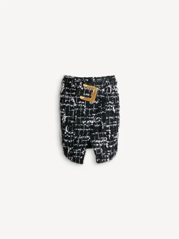 Balmain Belted Fringed Tweed Mini Skirt