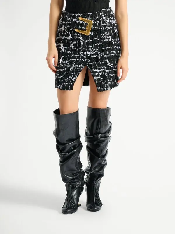 Balmain Belted Fringed Tweed Mini Skirt