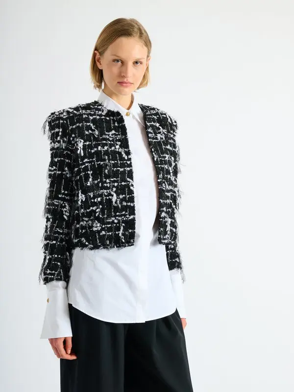 Balmain Cropped Fringed Tweed Jacket - Black