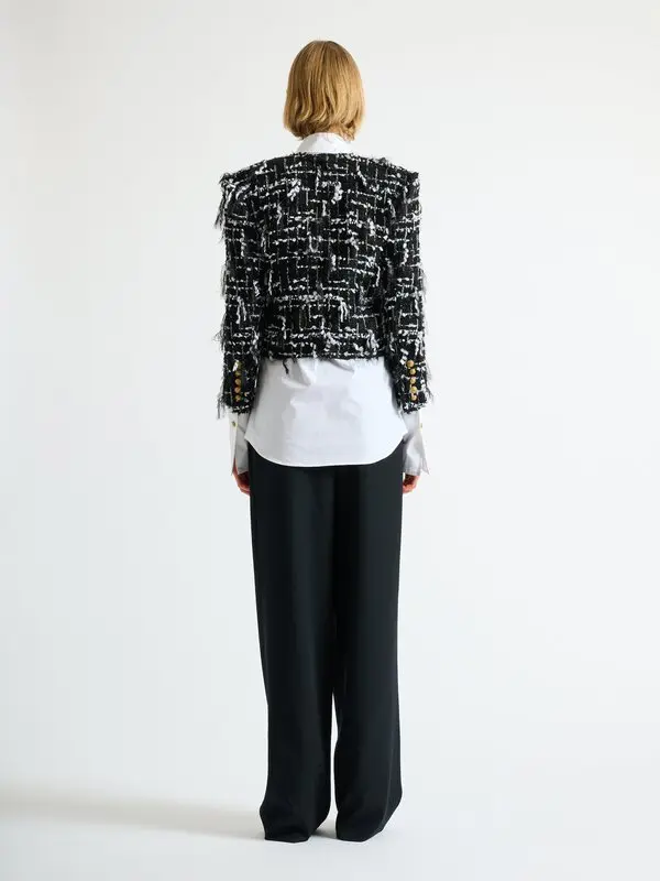 Balmain Cropped Fringed Tweed Jacket - Black