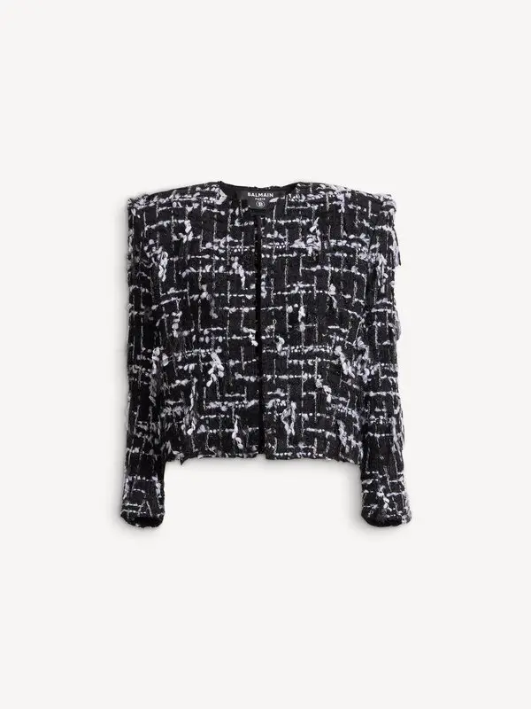 Balmain Cropped Fringed Tweed Jacket - Black