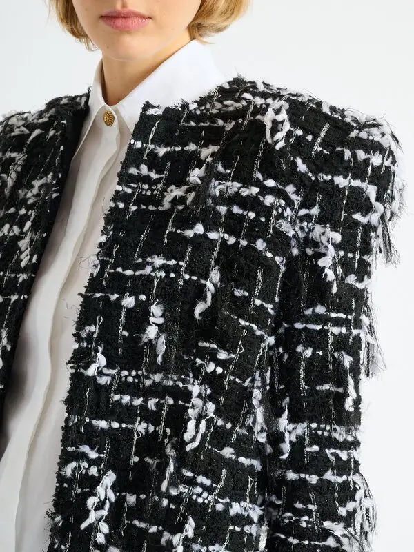 Balmain Cropped Fringed Tweed Jacket - Black