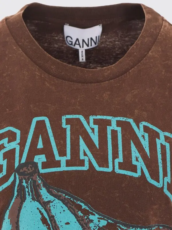 GANNI Crew Neck Cotton T-shirt With Contrast Logo - Coffee