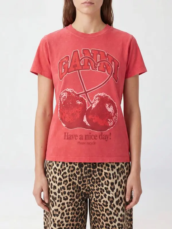 GANNI Crew Neck Cotton T-shirt With Printed Logo - Red