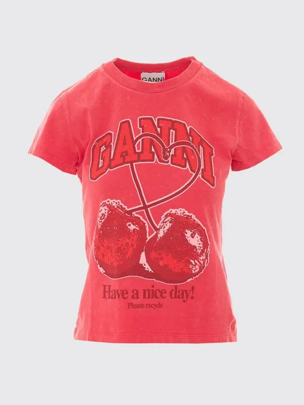 GANNI Crew Neck Cotton T-shirt With Printed Logo - Red
