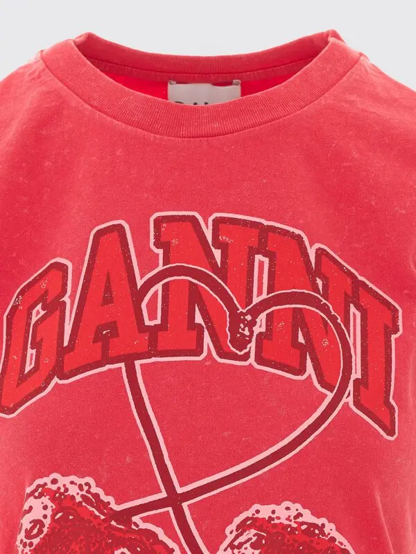 GANNI Crew Neck Cotton T-shirt With Printed Logo - Red
