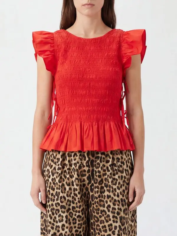 GANNI Sleeveless Ruched Stretch Cotton Top - Red