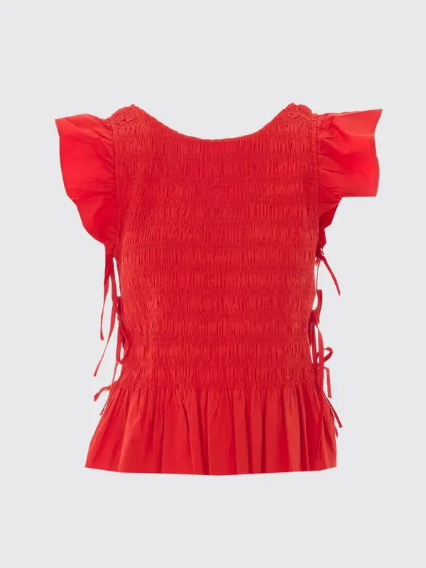GANNI Sleeveless Ruched Stretch Cotton Top - Red