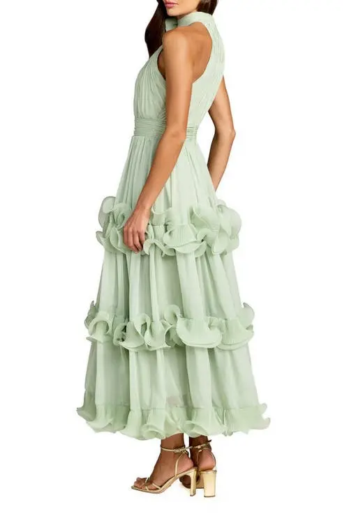 Mac Duggal Chiffon Halter Neck Tiered Ruffle Midi Dress