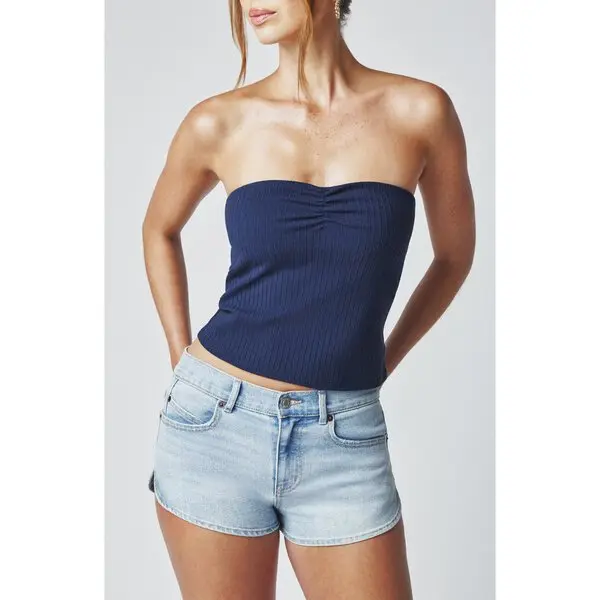 FLORENCE BY MILLS Ribbed Ruched Strapless Tube Top - Navy
