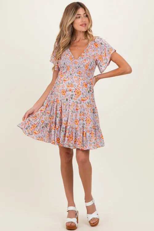 PINKBLUSH V Neck Smocked Bodice Floral Print Dress