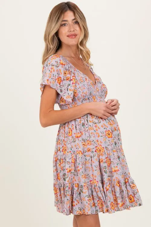 PINKBLUSH V Neck Smocked Bodice Floral Print Dress