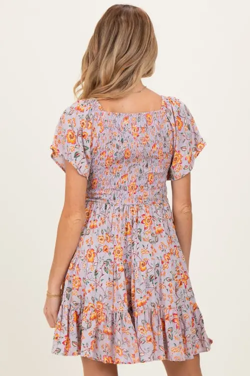 PINKBLUSH V Neck Smocked Bodice Floral Print Dress