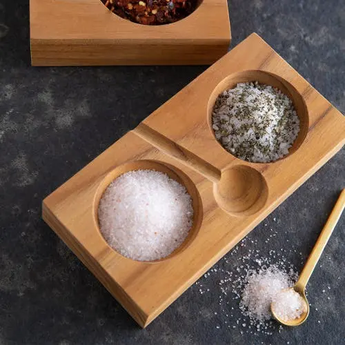 BE HOME Teak Plank Salt And Pepper Cellar With Gold Spoon
