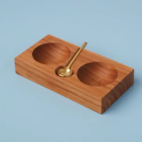 BE HOME Teak Plank Salt And Pepper Cellar With Gold Spoon