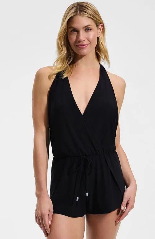 LANDS' END Slenderlite Surplice Halter Swim Romper With Hidden Shorts - Black