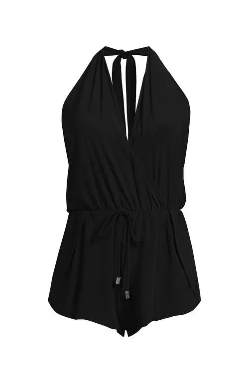 LANDS' END Slenderlite Surplice Halter Swim Romper With Hidden Shorts