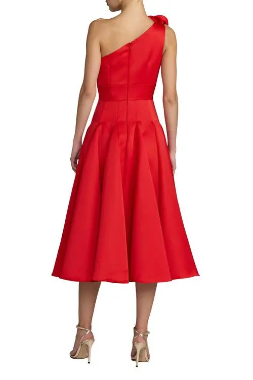 Mac Duggal One-shoulder Satin Midi Dress With 3d Flower Applique