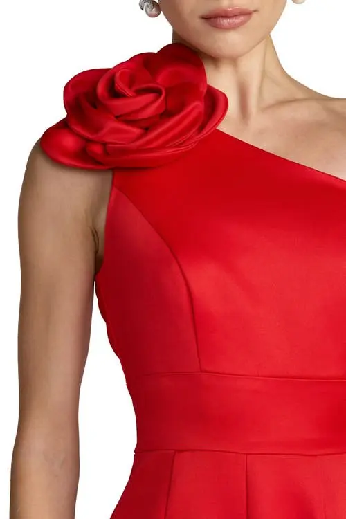 Mac Duggal One-shoulder Satin Midi Dress With 3d Flower Applique
