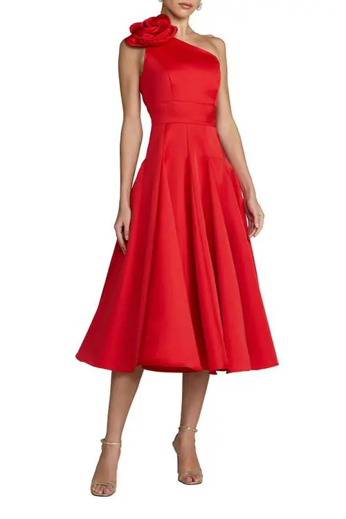 Mac Duggal One-shoulder Satin Midi Dress With 3d Flower Applique - Red