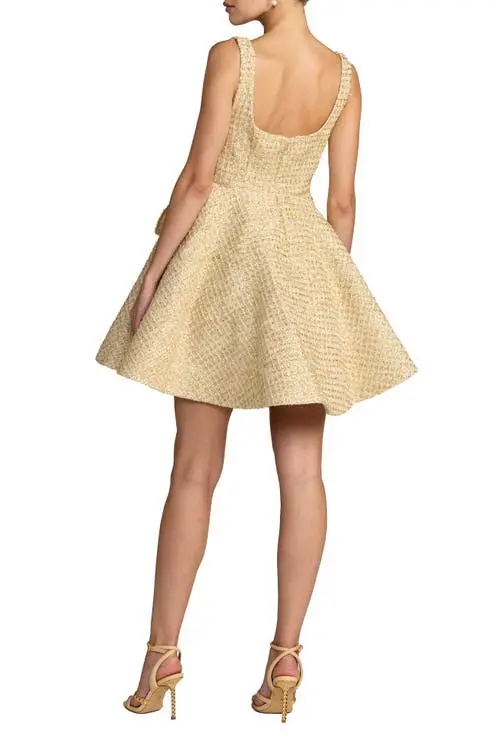 Mac Duggal Sleeveless Boucle Floral Appliqué Mini Dress