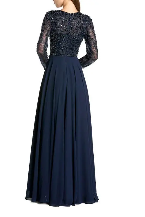 Mac Duggal Embellished Lace Long Sleeve Gown With Chiffon Skirt