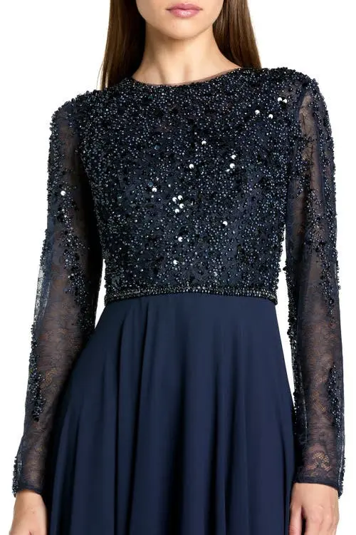 Mac Duggal Embellished Lace Long Sleeve Gown With Chiffon Skirt