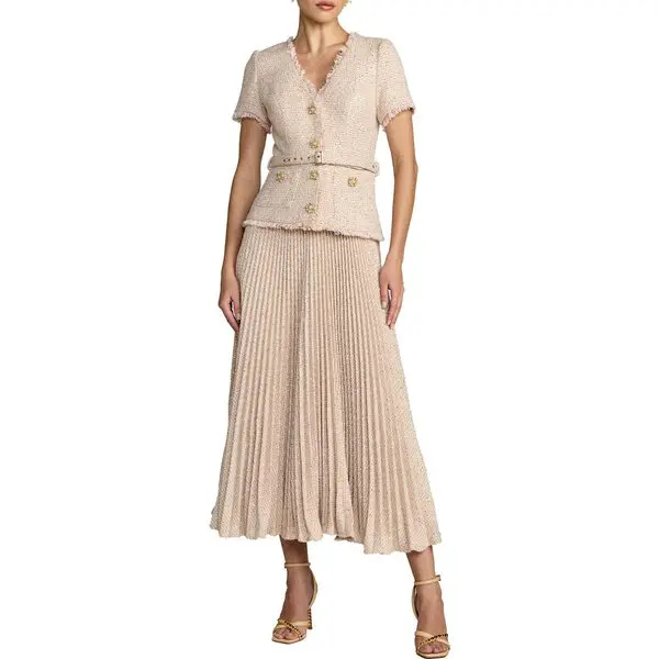 Mac Duggal Buttoned Bouclé Pleated Midi Dress - Blush