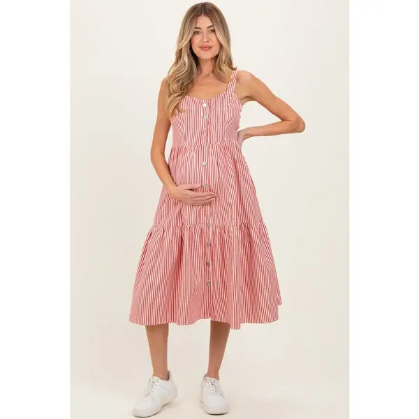PINKBLUSH Striped Tie Overall Maternity Dress - Red
