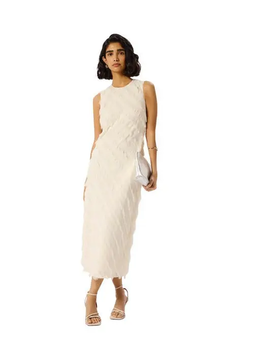 Whistles Fringe Textured Midi Dress - Ivory