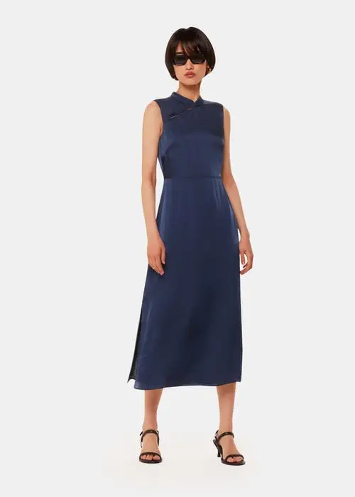 Whistles Aria Satin Sleeveless Midi Dress - Navy