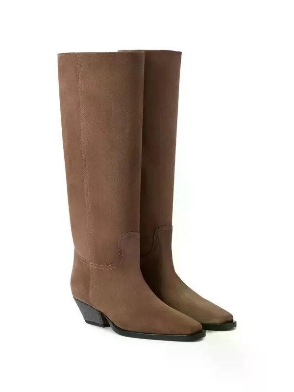 Brunello Cucinelli Suede Boots With Embellished Heel - Brown