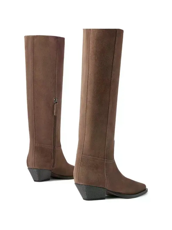 Brunello Cucinelli Suede Boots With Embellished Heel