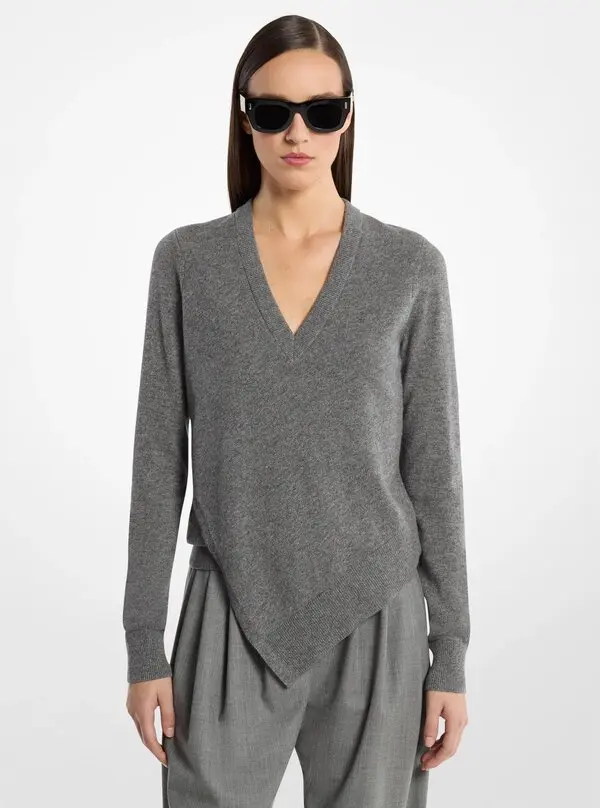 Michael Kors Cashmere V-neck Asymmetric Sweater - Grey