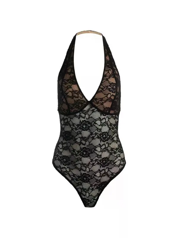 Alice + Olivia Lina Plunging V-neck Halter Lace Bodysuit
