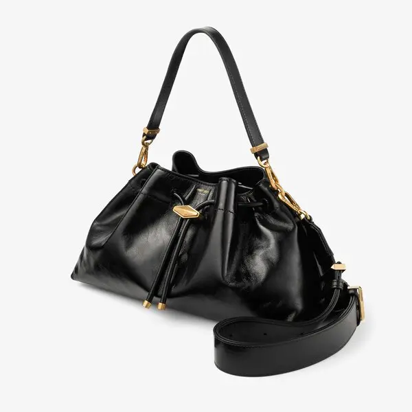JIMMY CHOO Cinch Medium Soft Shiny Biker Leather Shoulder Bag - Black
