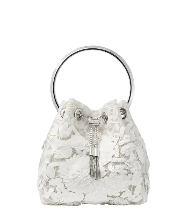 JIMMY CHOO Bon Bon Bucket Bag With Bloom Paillette Embroidery - Ivory/silver