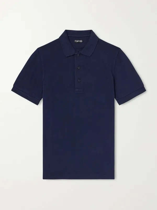 TOM FORD Slim-fit Lyocell And Cotton-blend Piqué Polo Shirt - Navy