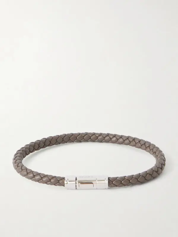 TOM FORD Logo-engraved Silver-tone And Woven Leather Bracelet - Gray