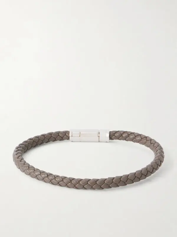 TOM FORD Logo-engraved Silver-tone And Woven Leather Bracelet