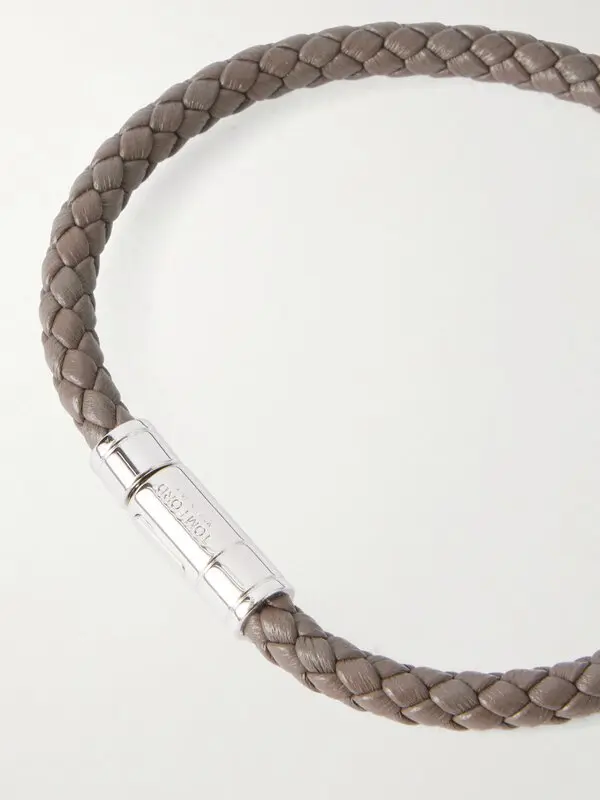 TOM FORD Logo-engraved Silver-tone And Woven Leather Bracelet