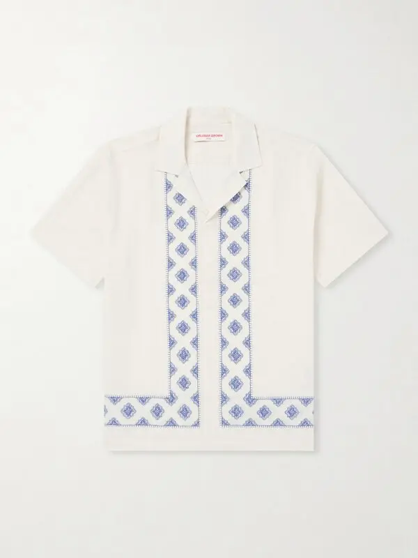 Orlebar Brown Maitan Camp-collar Embroidered Cotton Shirt - Neutrals