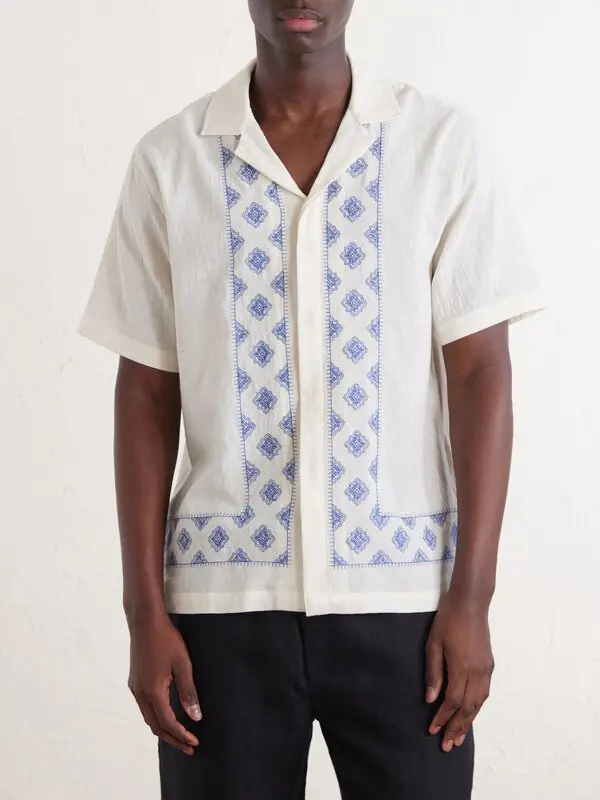 Orlebar Brown Maitan Camp-collar Embroidered Cotton Shirt - Neutrals