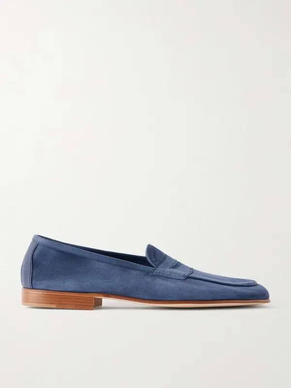 EDWARD GREEN Polperro Leather-trimmed Suede Penny Loafers - Navy