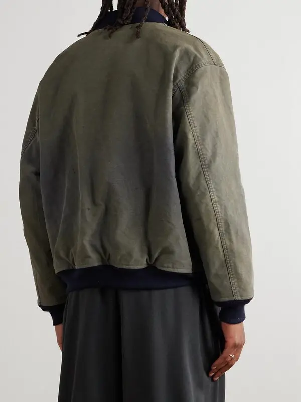A.PRESSE Vintage Distressed Ribbed Wool-trimmed Denim Bomber Jacket