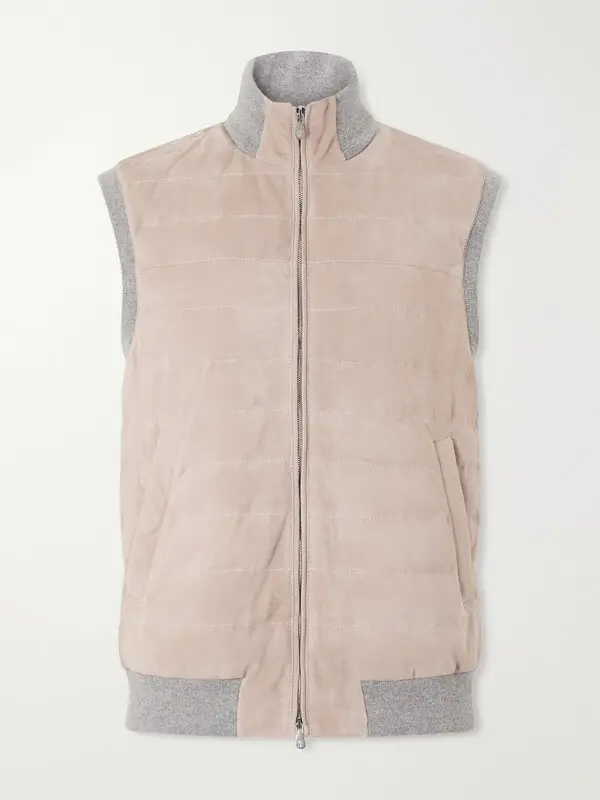 Brunello Cucinelli Padded Quilted Suede Gilet With Cashmere Trim - Brown