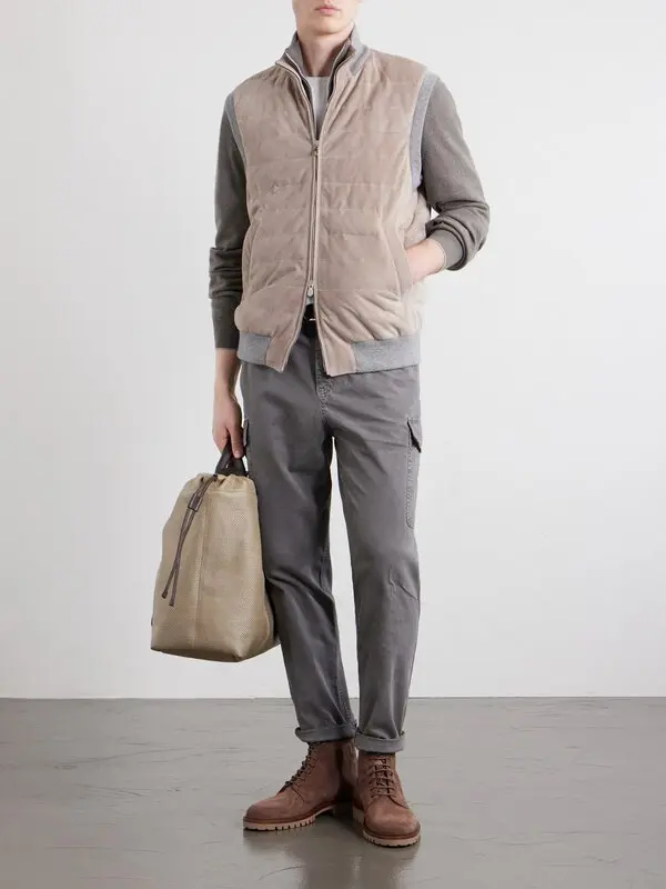Brunello Cucinelli Quilted Suede Gilet With Cashmere Trim