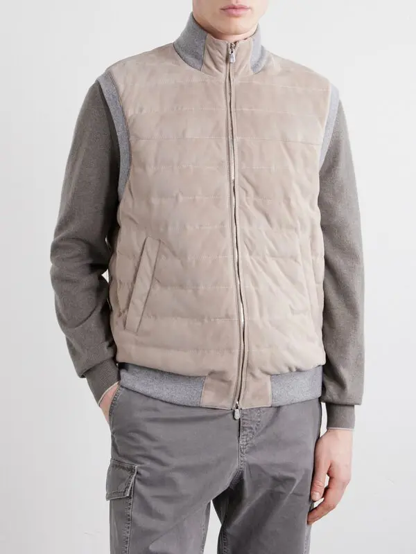 Brunello Cucinelli Quilted Suede Gilet With Cashmere Trim