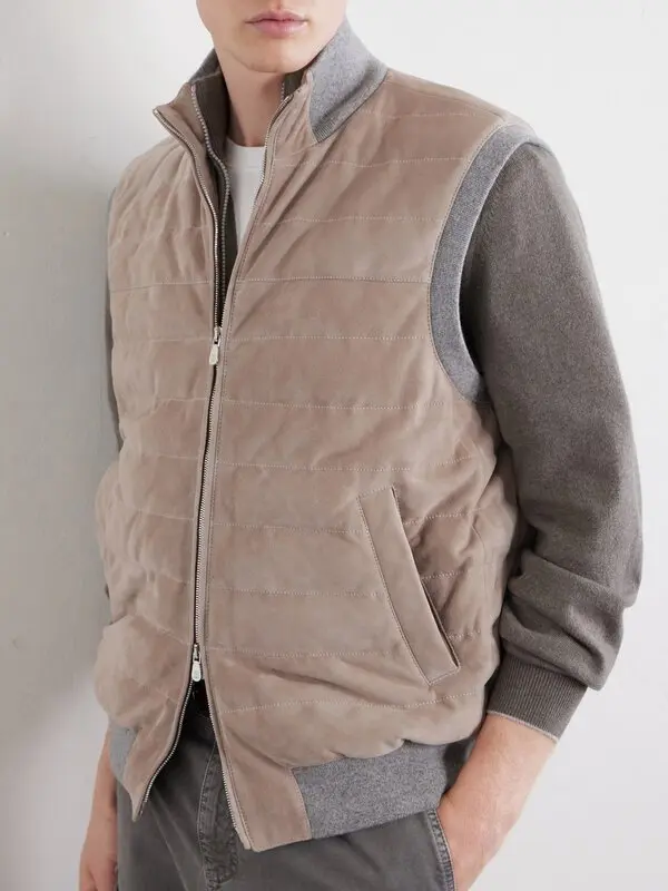Brunello Cucinelli Quilted Suede Gilet With Cashmere Trim